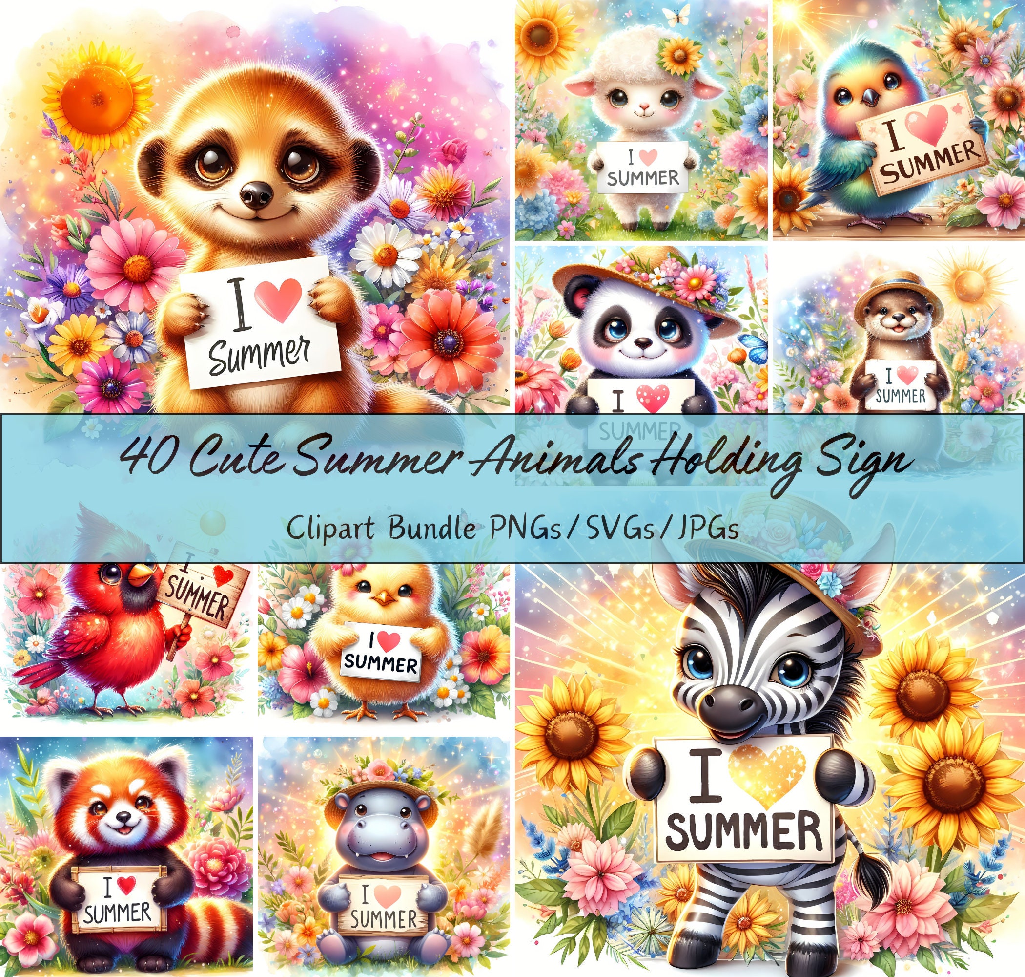Cute Summer Animals Holding Signs Clipart Bundle, Watercolor Sun Clip ...