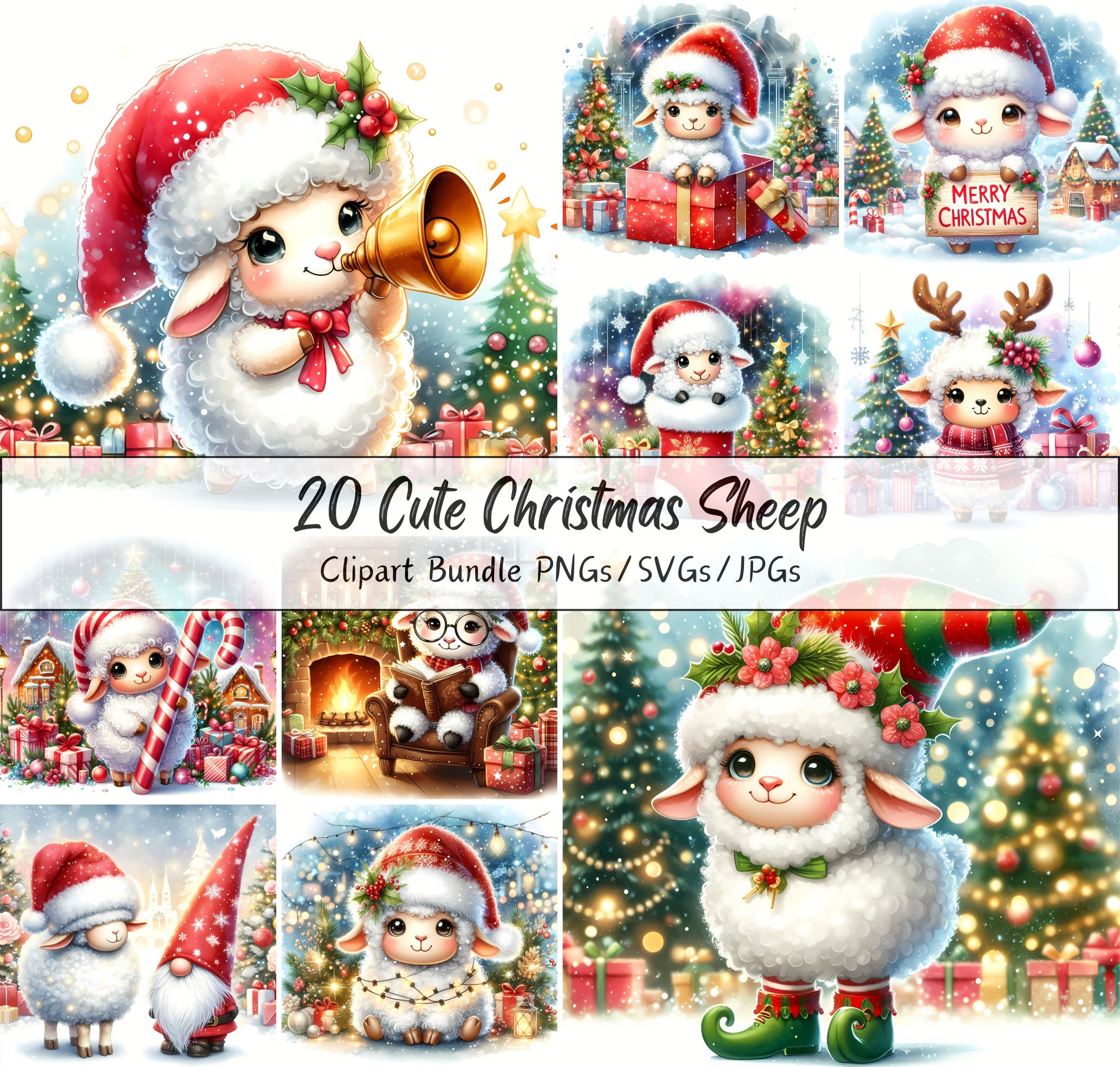 Cute Christmas Sheep Clipart Bundle, Xmas Lamb Clip Art Images ...