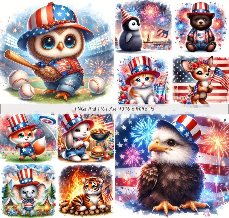 Cute 4th July Animals Clipart Bundle, Watercolor Patriotic Files Animal ...