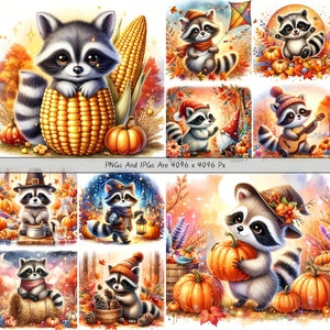 Cute Fall Raccoons Clipart Bundle, Watercolor Autumn Raccoon Clip Art ...