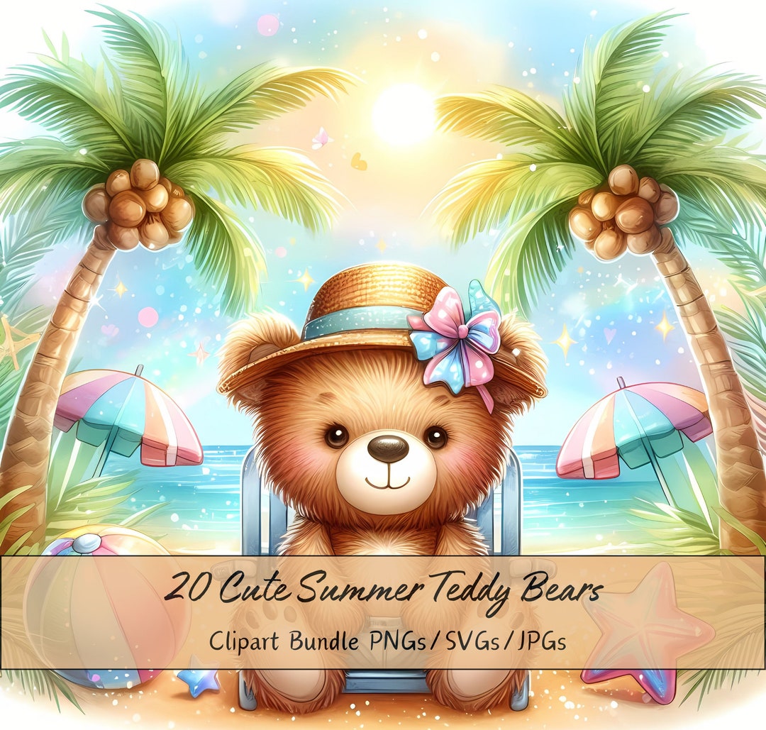 Cute Summer Teddy Bears Clipart Bundle, Watercolor Bear Clip Art Images ...