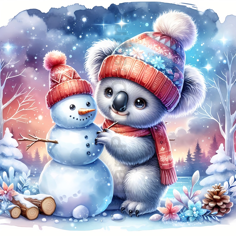 Cute Winter Koala Clipart Bundle, Festive Watercolor Clip Art Images ...