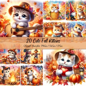 Cute Fall Kittens Clipart Bundle, Autumn Cat, Cats, Kittens, Watercolor ...