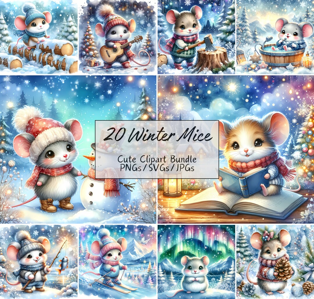 Cute Winter Mouse Clipart Bundle, Watercolor Clip Art Images, 20 High ...