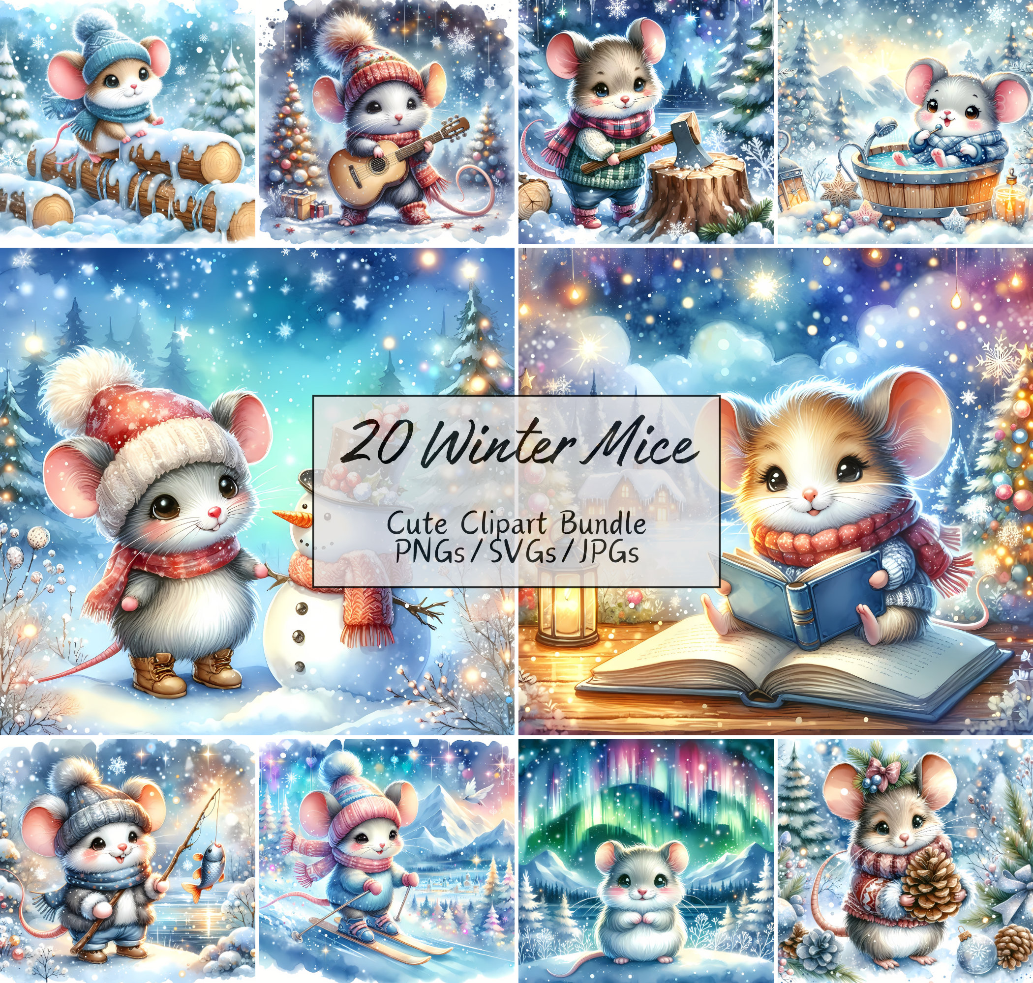 Cute Winter Mouse Clipart Bundle, Watercolor Clip Art Images, 20 High ...