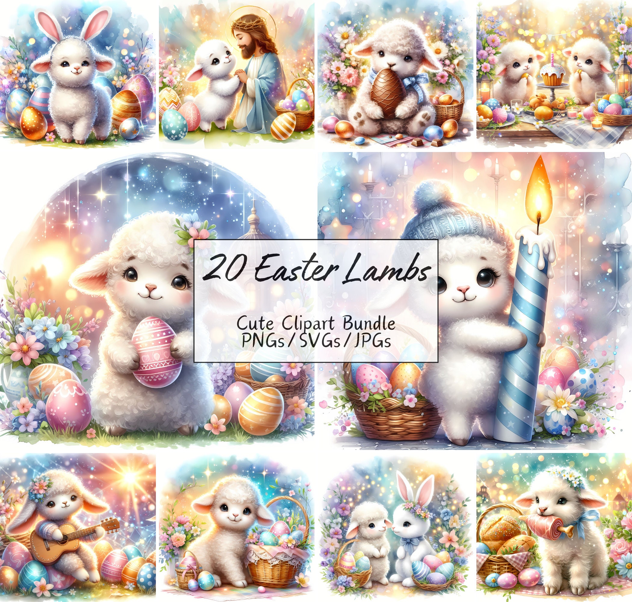 Cute Easter Lambs Clipart Bundle, Watercolor Clip Art Images, 20 High ...