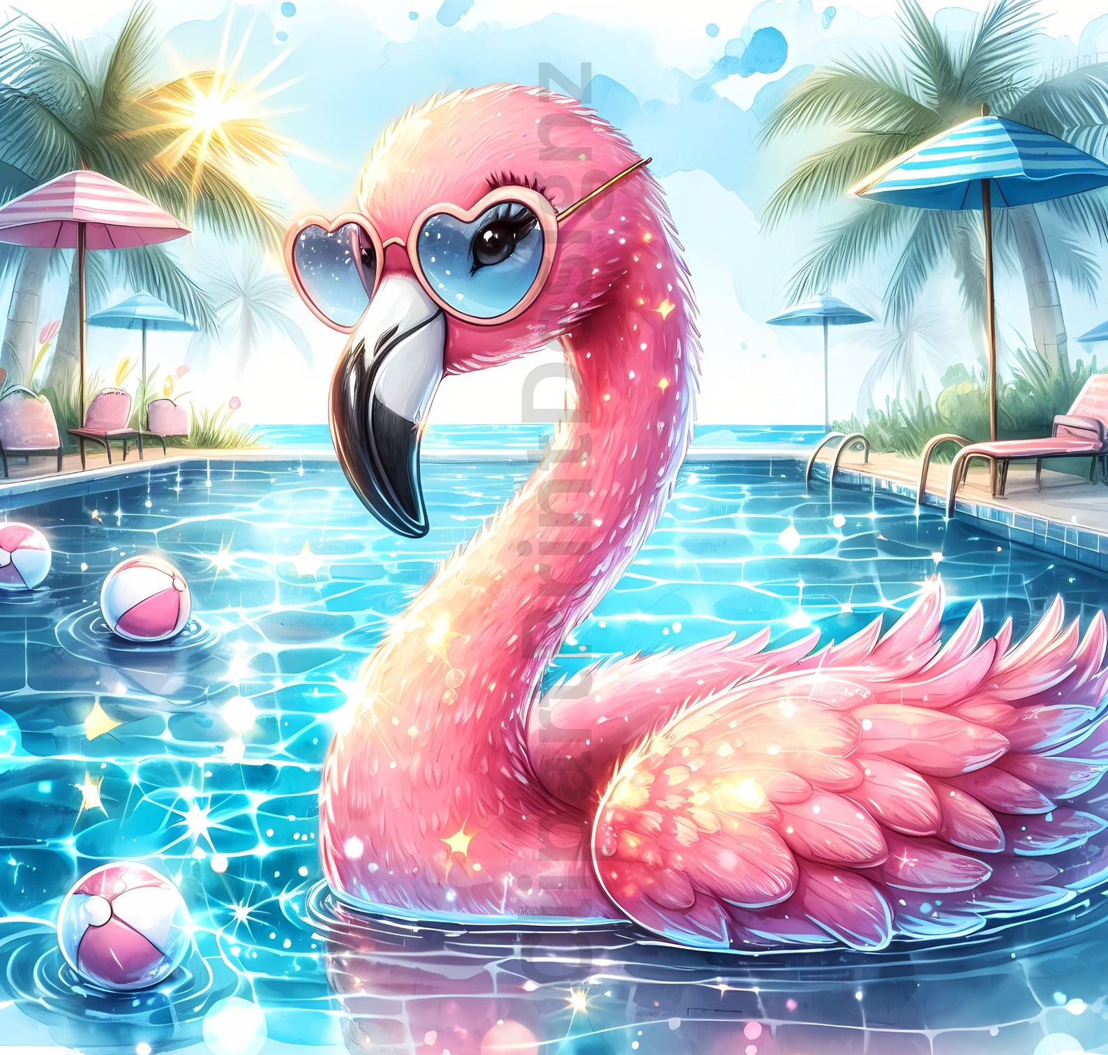 Cute Summer Pool Animals Clipart Bundle, Watercolor Sun Clip Art Images ...