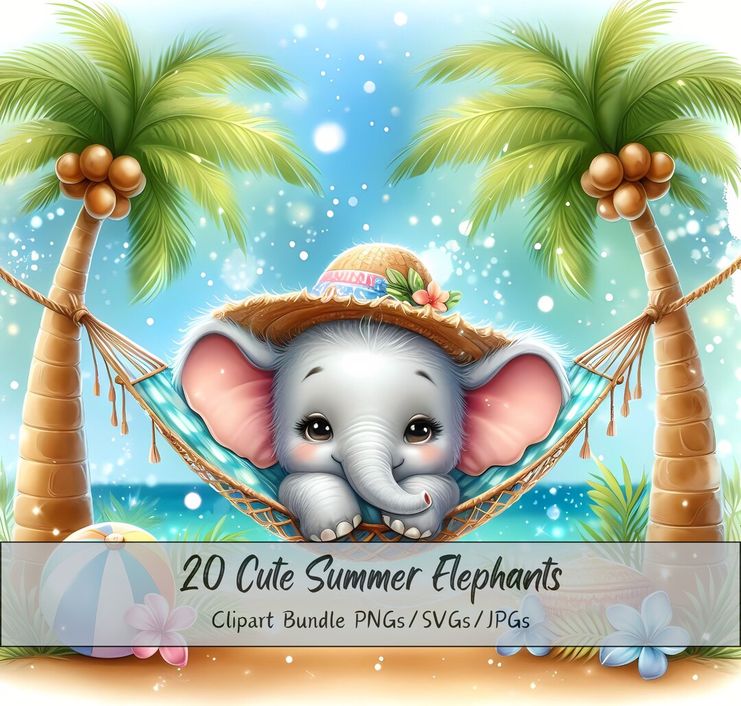 Cute Summer Elephants Clipart Bundle, Watercolor Elephant Clip Art ...