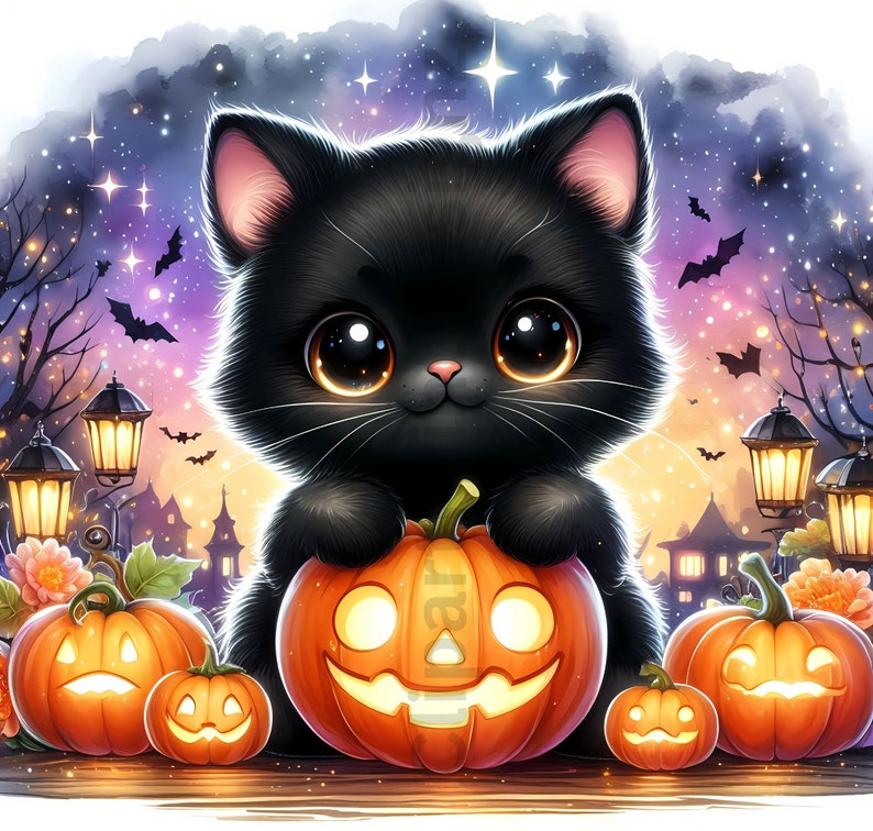 Cute Halloween Black Cats Clipart Bundle, Watercolor Cat Clip Art ...