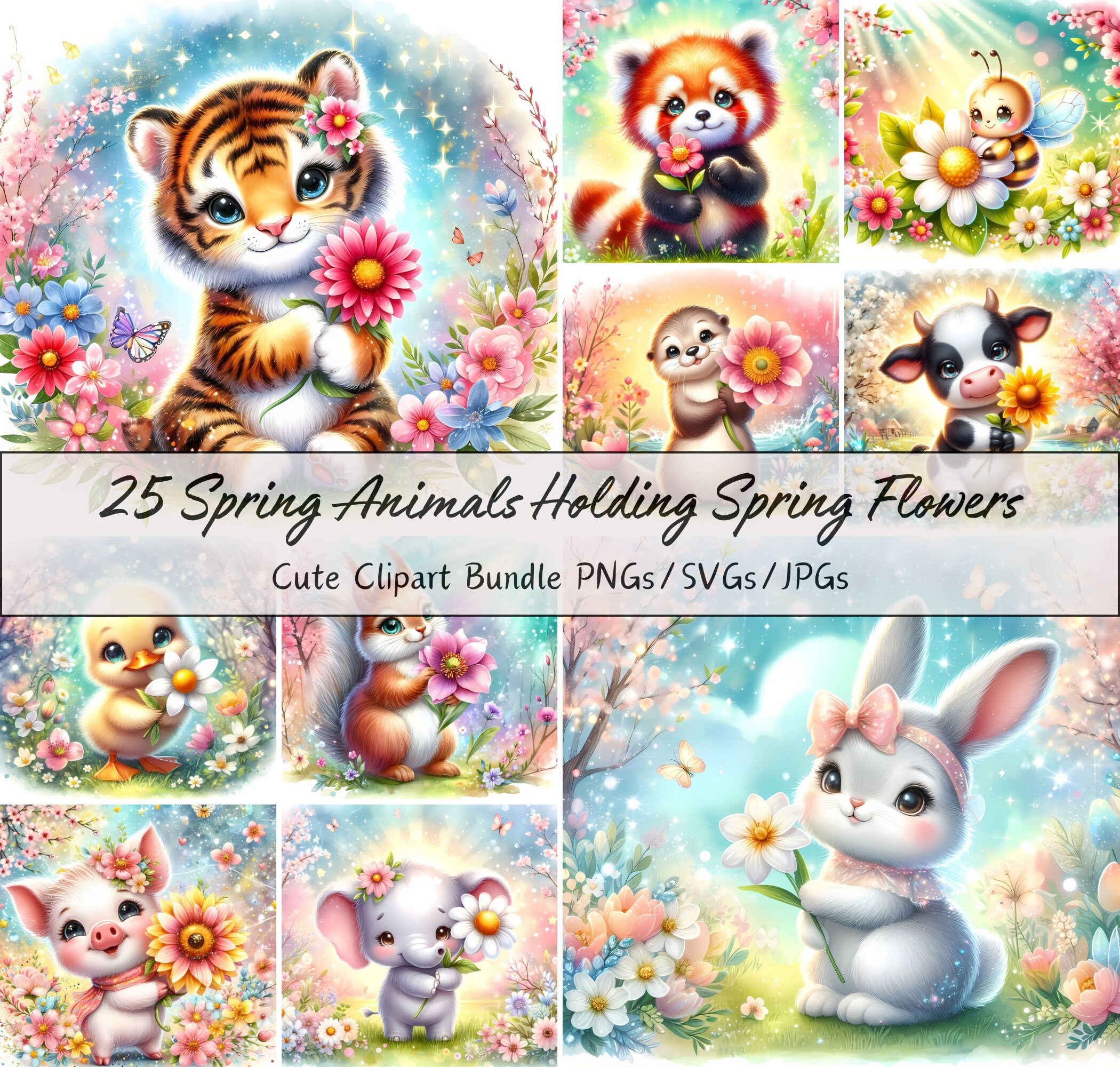 Mega Cute Spring Animals and Flowers Clipart Bundle, Watercolor Clip ...