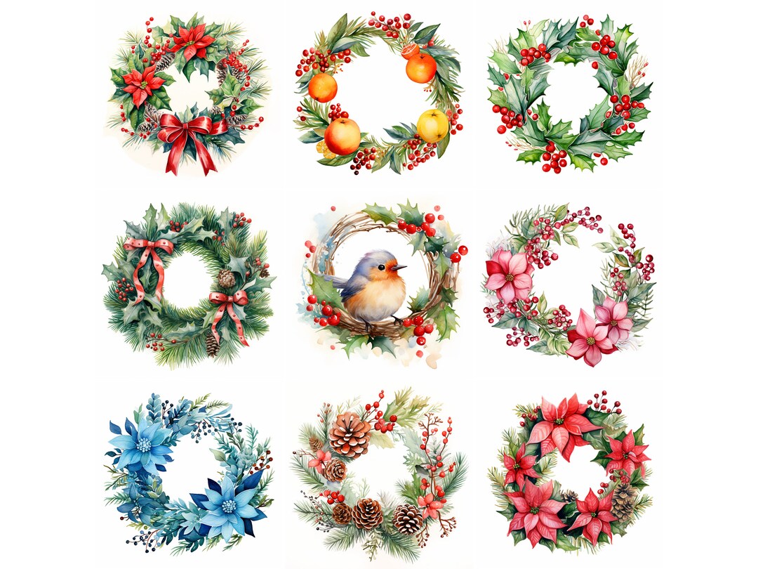 55 Watercolor Christmas Wreaths Clipart Bundle, Winter Clipart, Holiday ...