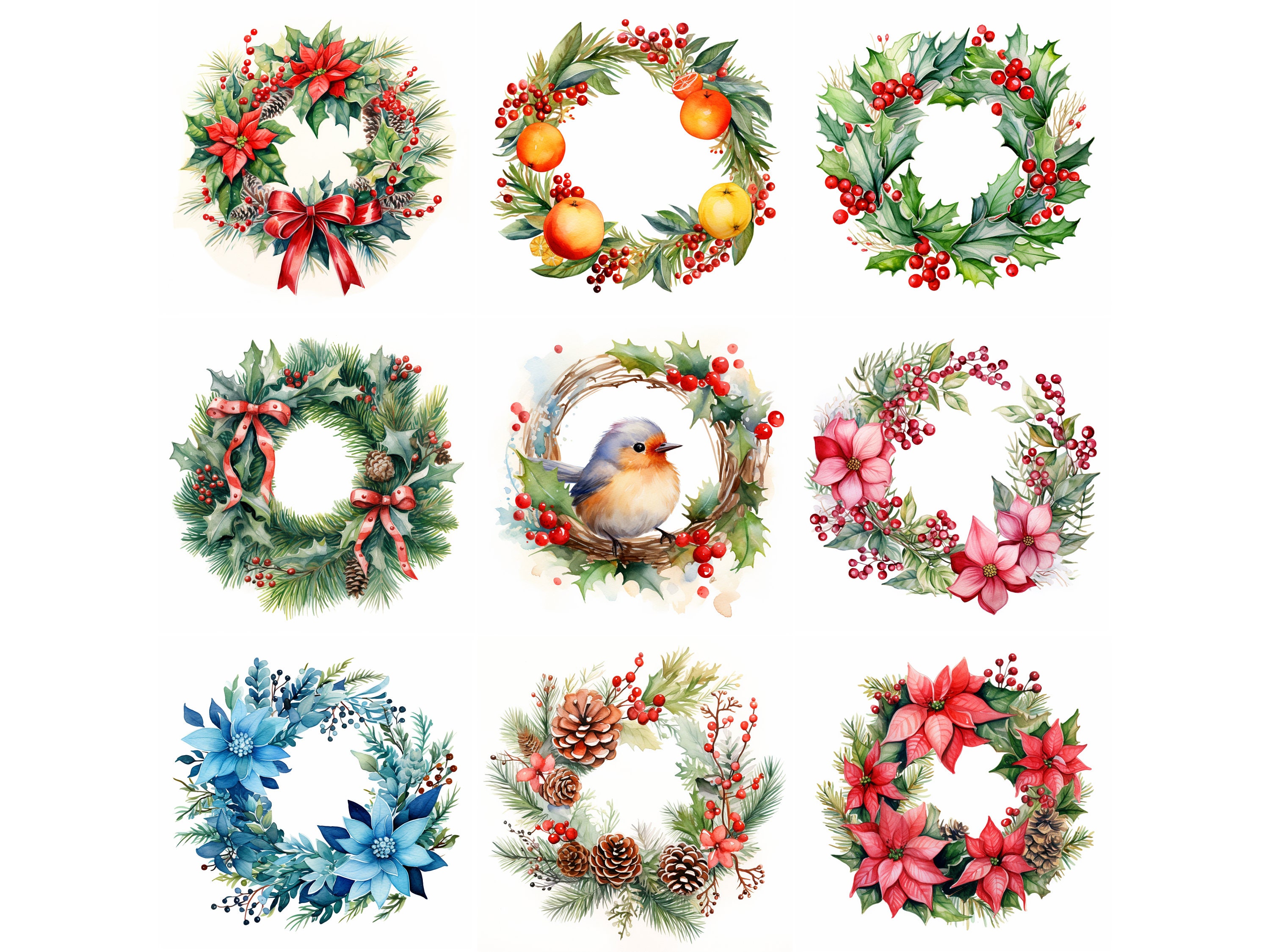 55 Watercolor Christmas Wreaths Clipart Bundle, Winter Clipart, Holiday ...