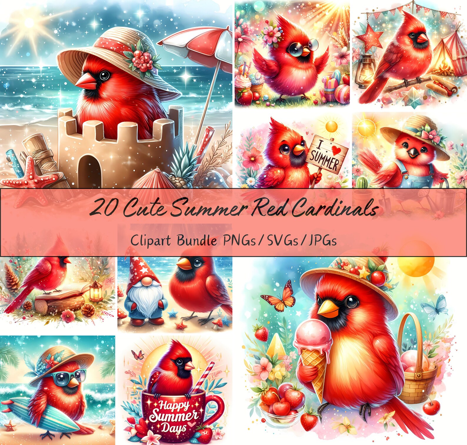 Cute Summer Red Cardinals Clipart Bundle, Watercolor Red Cardinal Clip ...