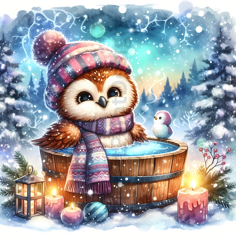 Cute Winter Owl Clipart Bundle, Festive Watercolor Clip Art Images, 20 ...