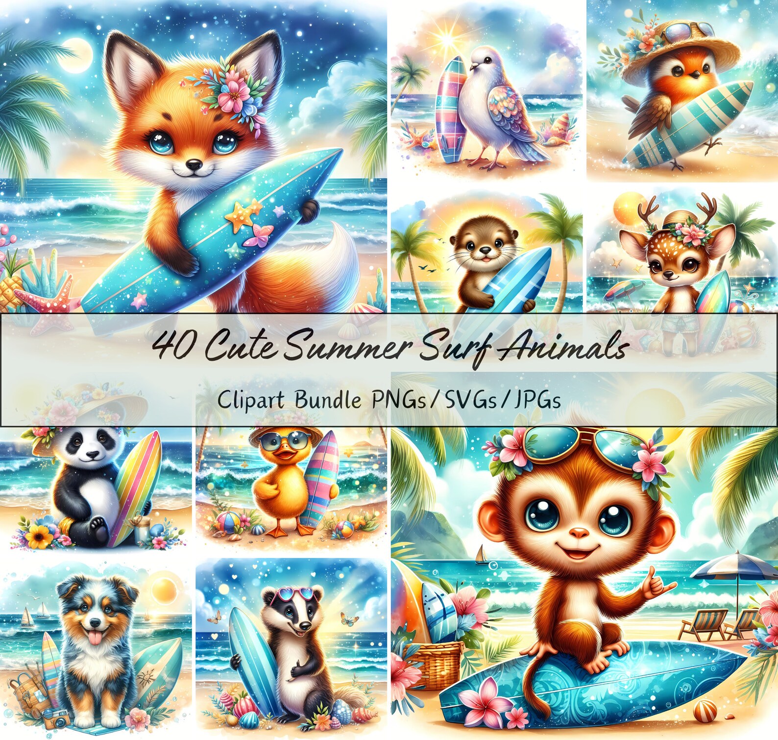 Cute Summer Surf Animals Clipart Bundle, Watercolor Beach Clip Art ...