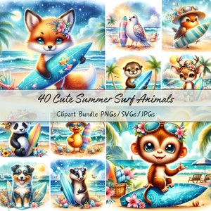 Cute Summer Surf Animals Clipart Bundle, Watercolor Beach Clip Art ...