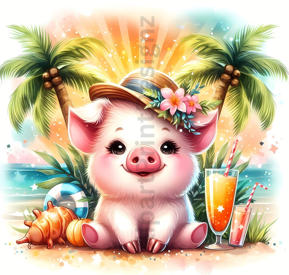 Cute Summer Pigs Clipart Bundle, Watercolor Pig Clip Art Images, High ...