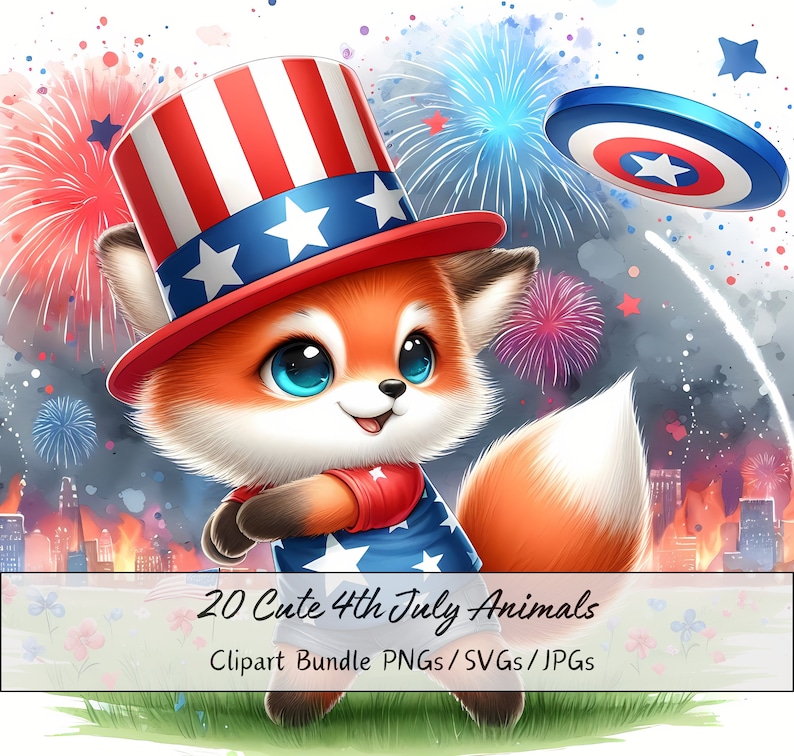 Cute 4th July Animals Clipart Bundle, Watercolor Patriotic Files Animal ...