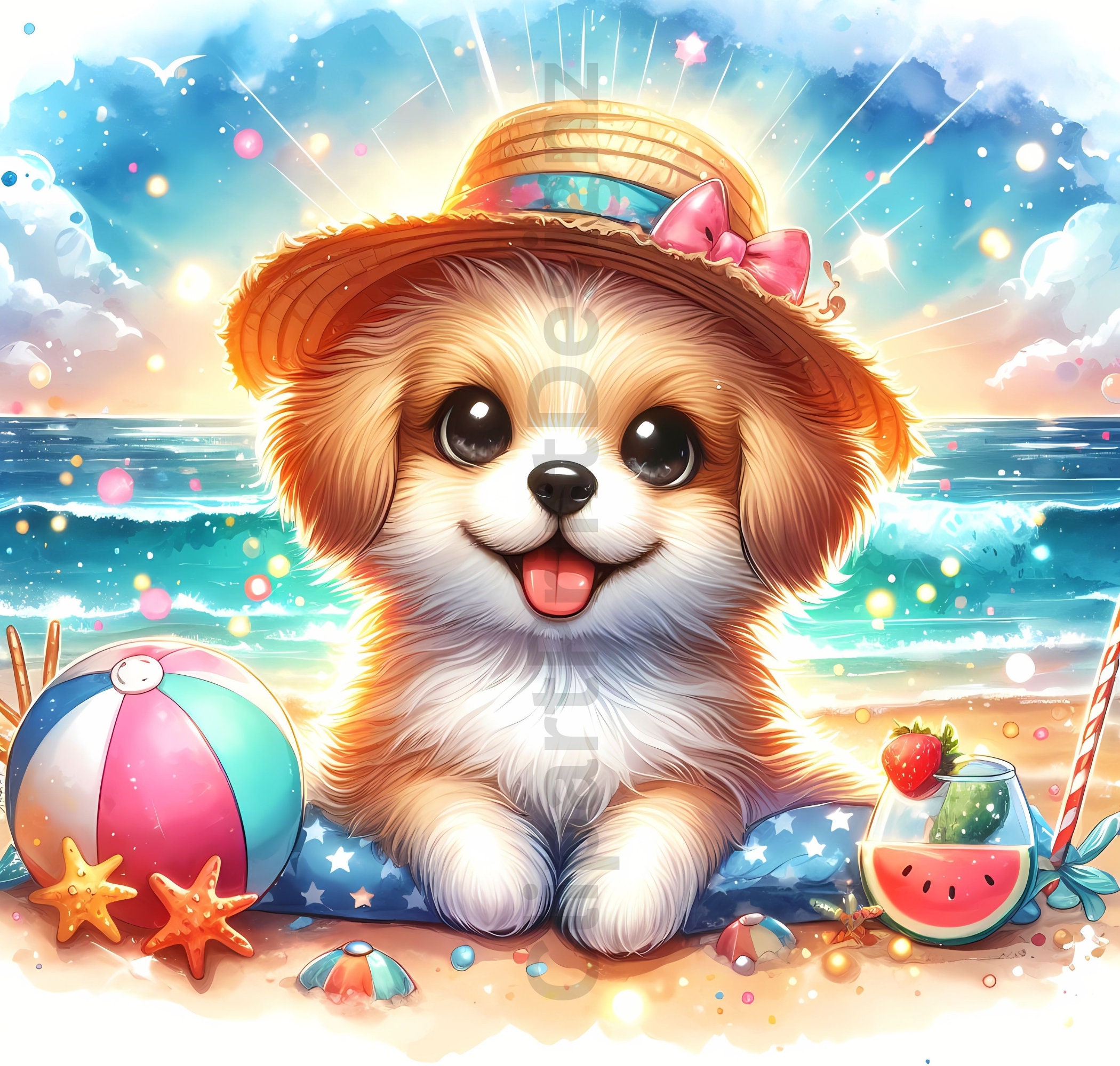Cute Summer Animals on Beach Clipart Bundle, Watercolor Summer Clip Art ...
