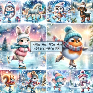 Cute Winter Animals Ice Skating Clipart Bundle, Festive Watercolor Clip ...