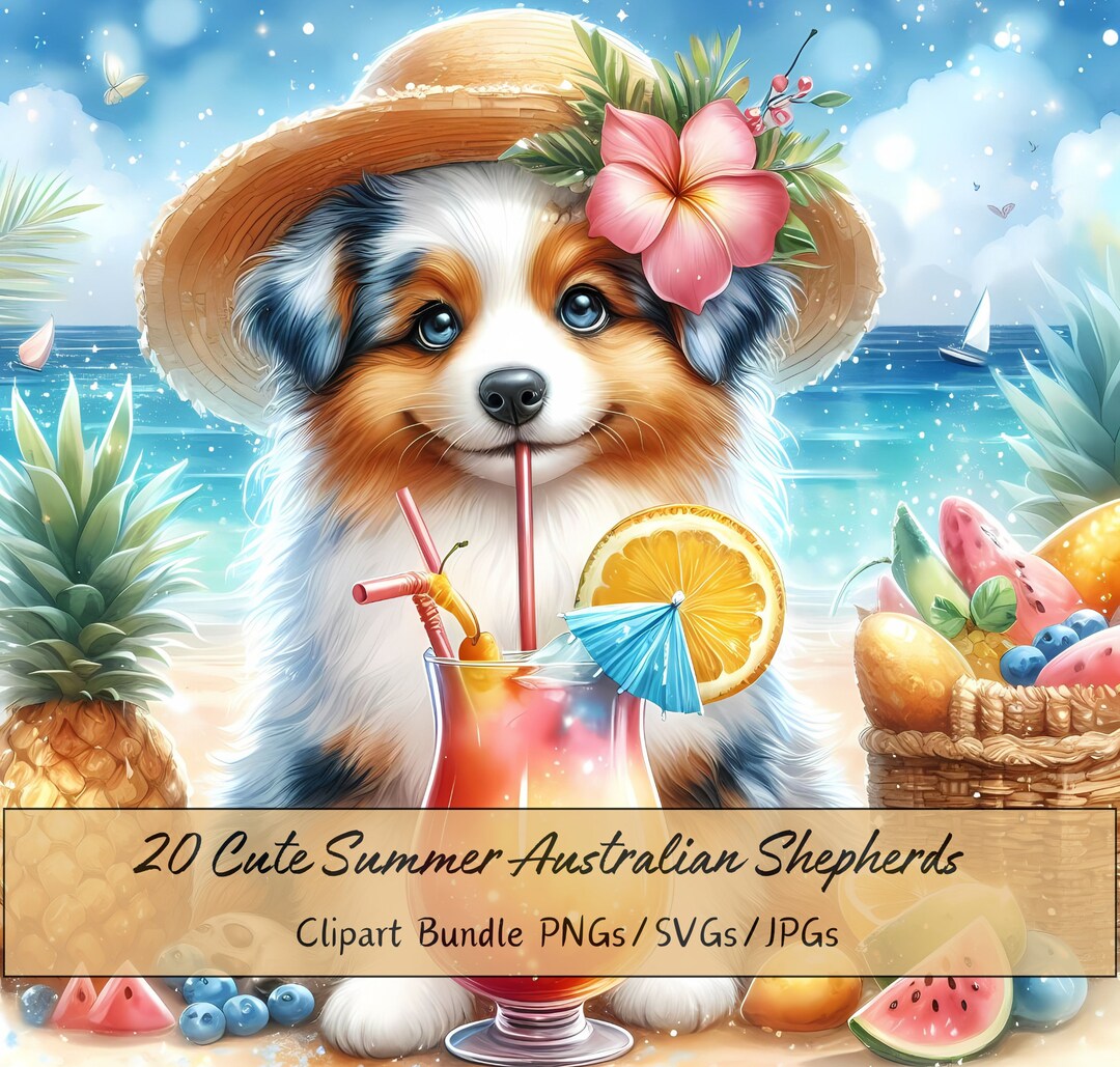 Cute Summer Australian Shepherds Clipart Bundle, Watercolor Dog Clip ...