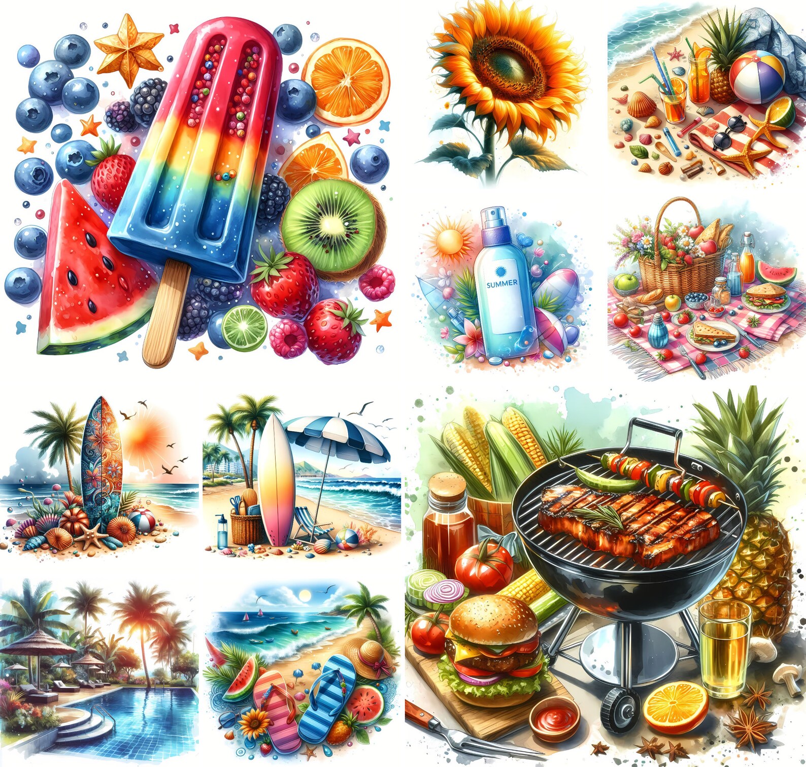 High Quality Summer Clipart Bundle, Watercolor Clip Art Images, Amazing ...