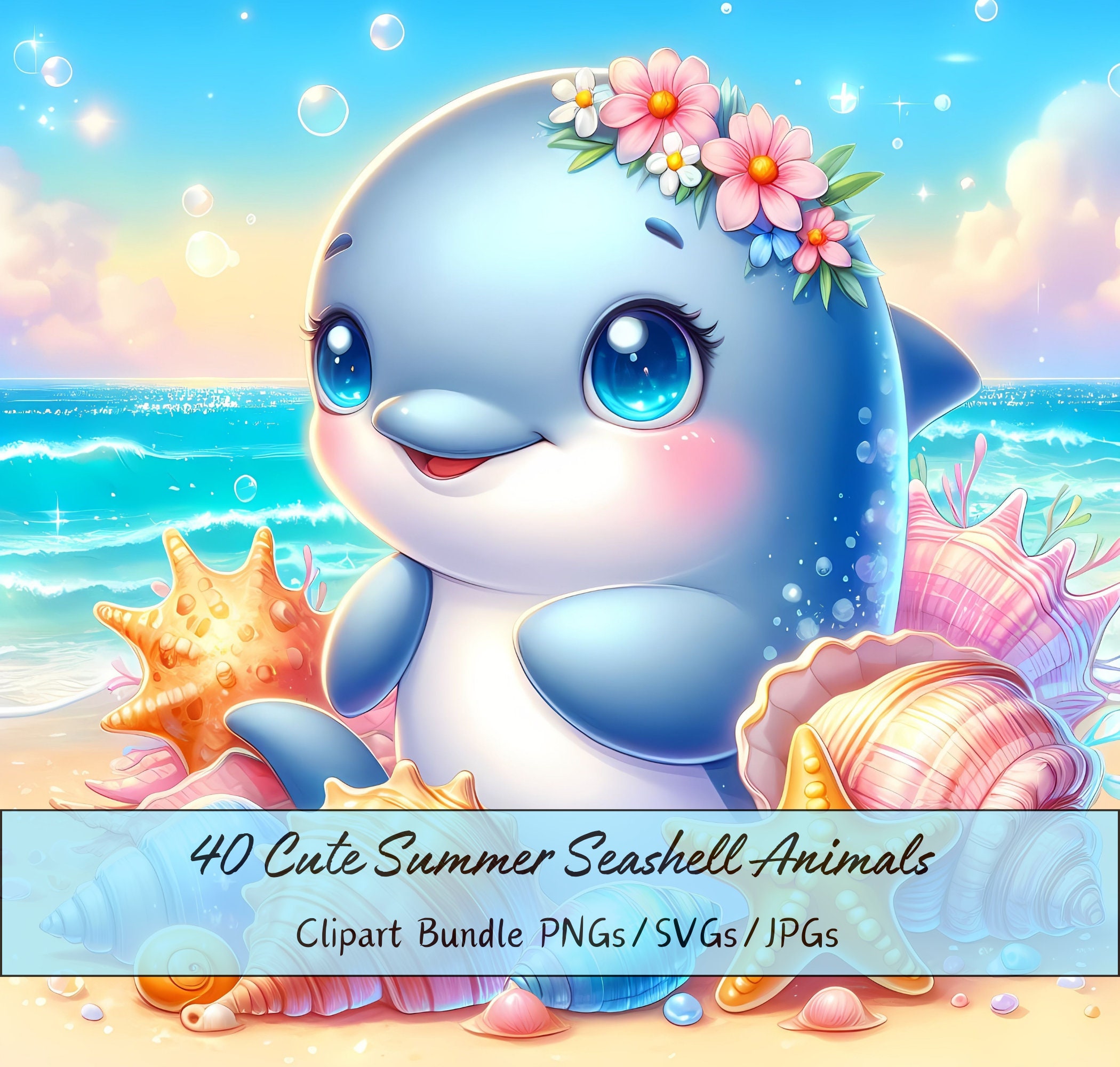 Cute Summer Seashell Animals Clipart Bundle, Watercolor Ocean Clip Art ...