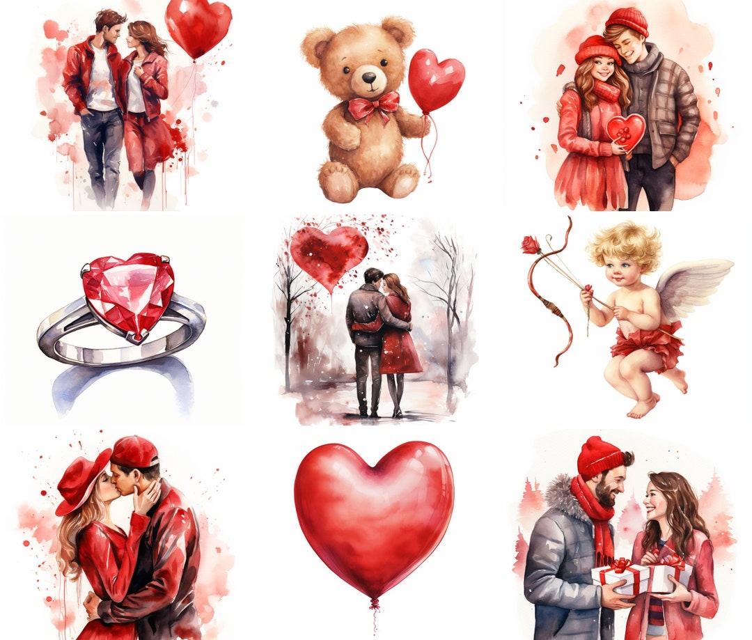 30 Red Watercolor Valentines Day Clipart, Cute Romantic Couple Bundle ...