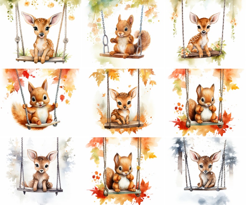 90 Cute Watercolor Animals on Swings, Baby Nursery Animal Clipart ...