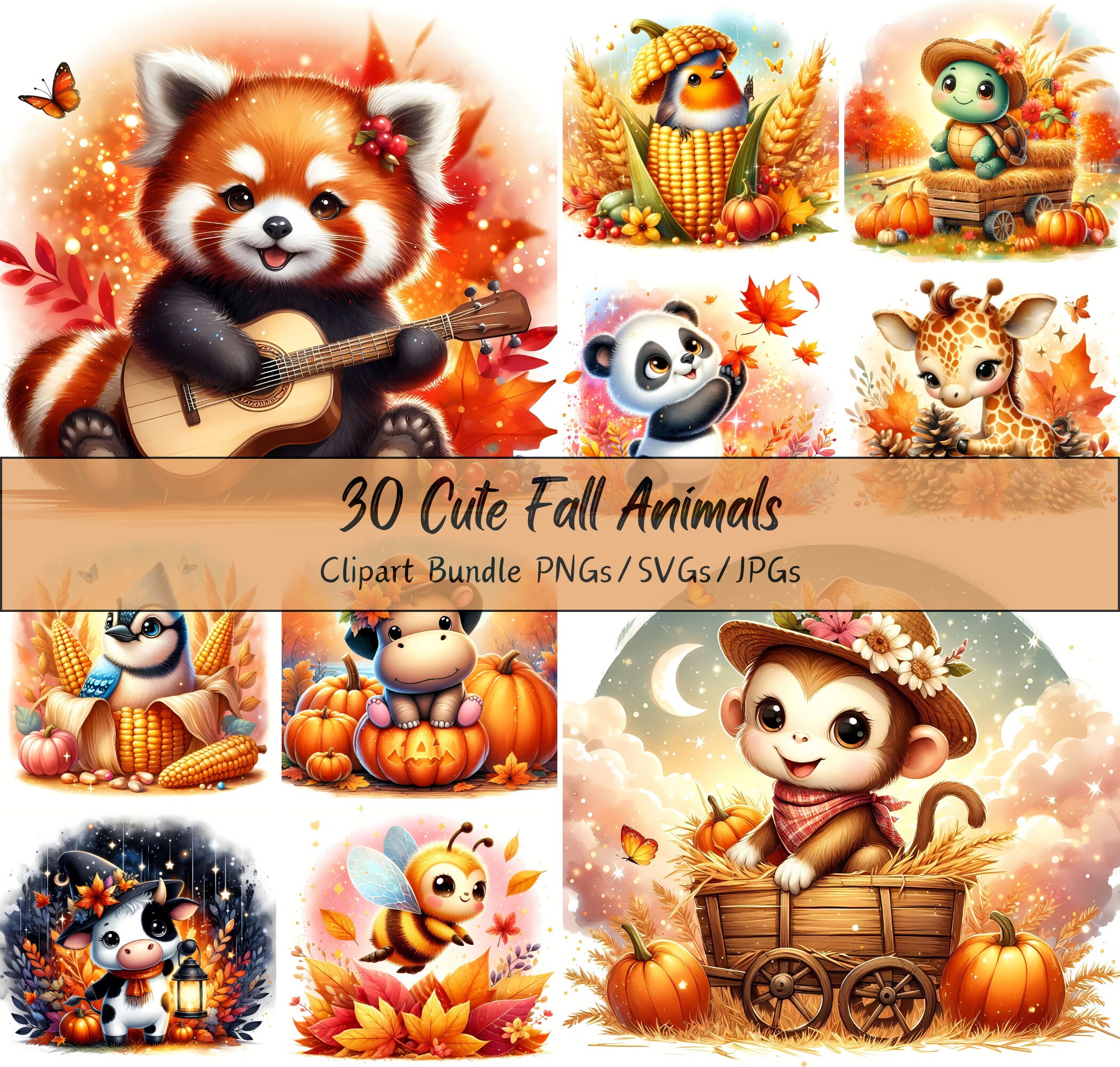 Cute Fall Animals Clipart Bundle, Watercolor Animal Clip Art Images ...