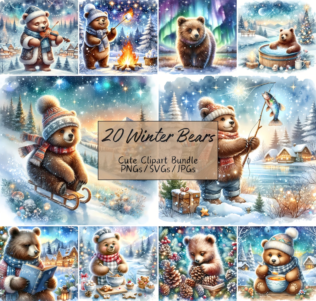 Winter Bear Clipart Bundle, Festive Watercolor Clip Art Images, 20 High ...