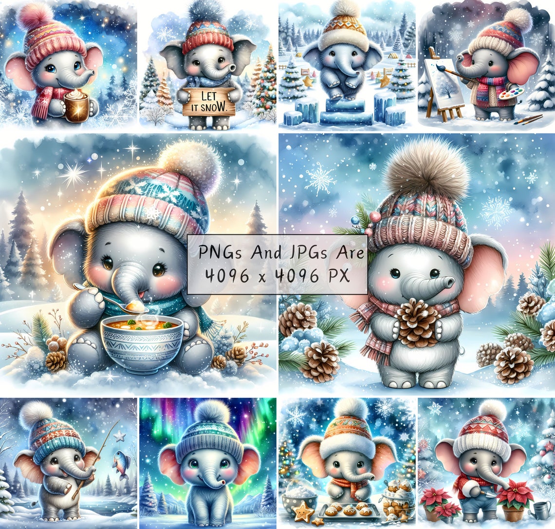 Cute Winter Elephant Clipart Bundle, Festive Watercolor Clip Art Images ...