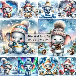 Cute Winter Elephant Clipart Bundle, Festive Watercolor Clip Art Images ...