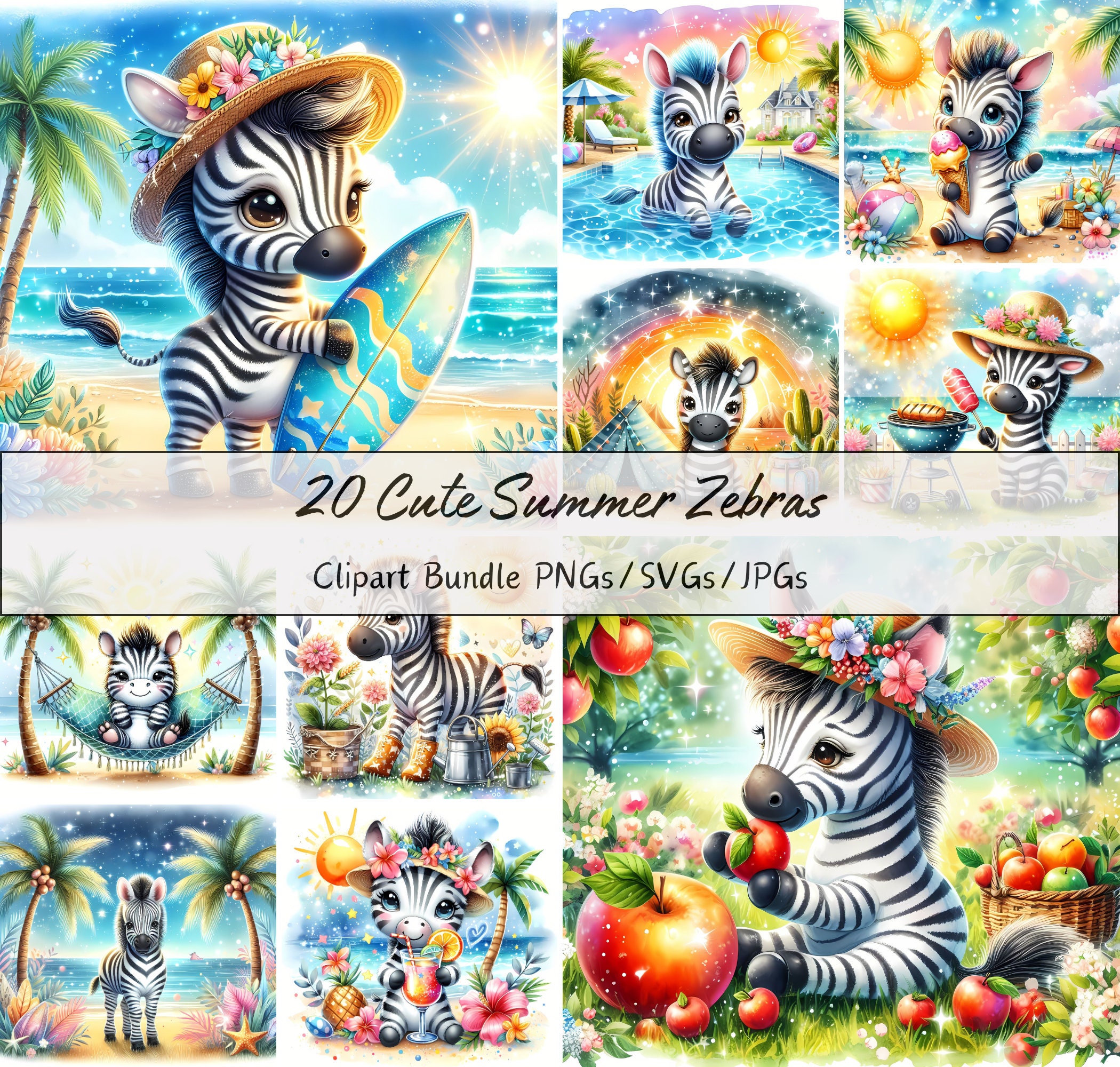 Cute Summer Zebras Clipart Bundle, Watercolor Zebra Clip Art Images ...