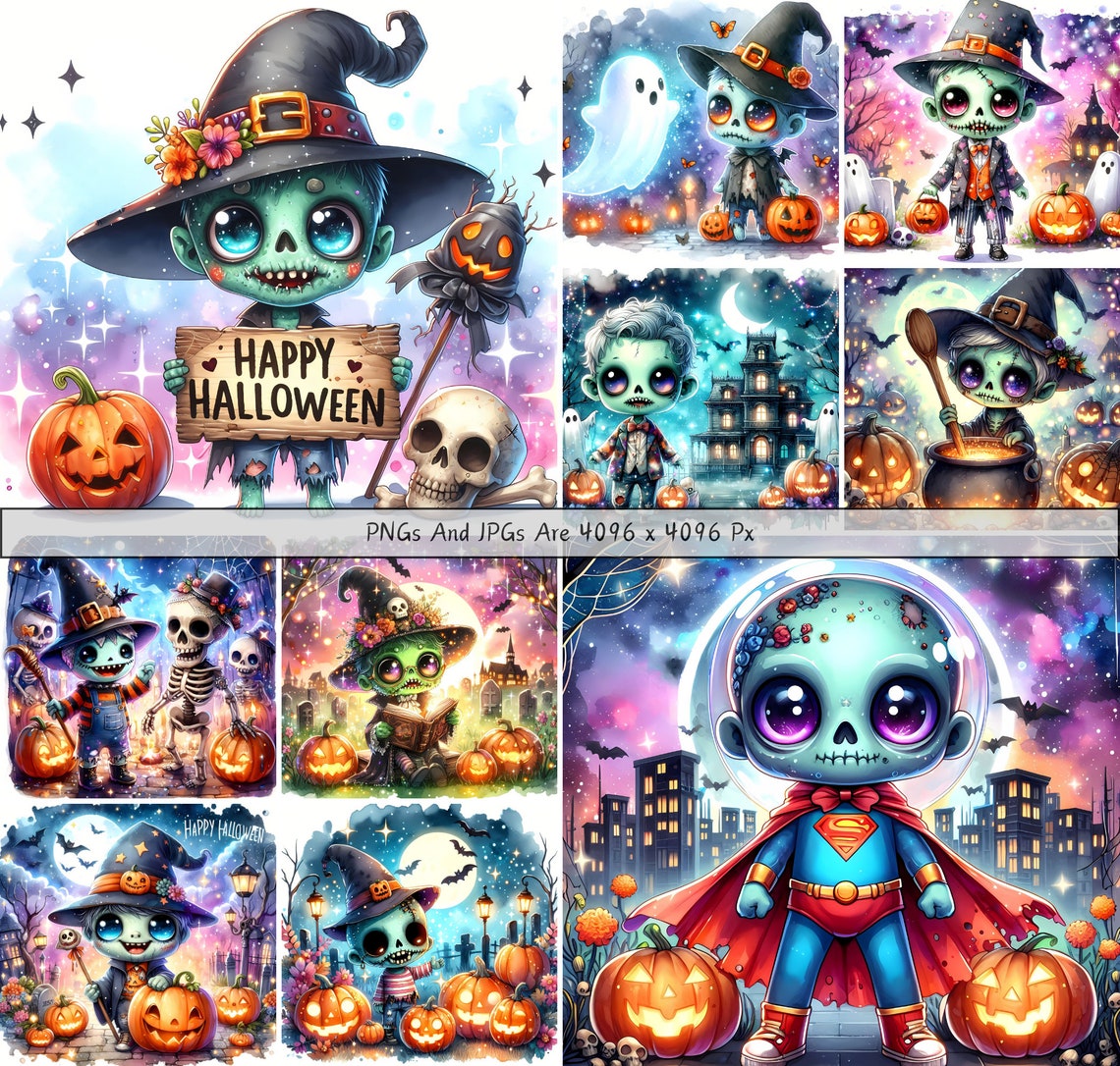 Cute Halloween Zombies Clipart Bundle, Watercolor Zombies Clip Art ...