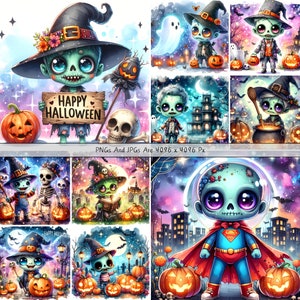 Cute Halloween Zombies Clipart Bundle, Watercolor Zombies Clip Art ...