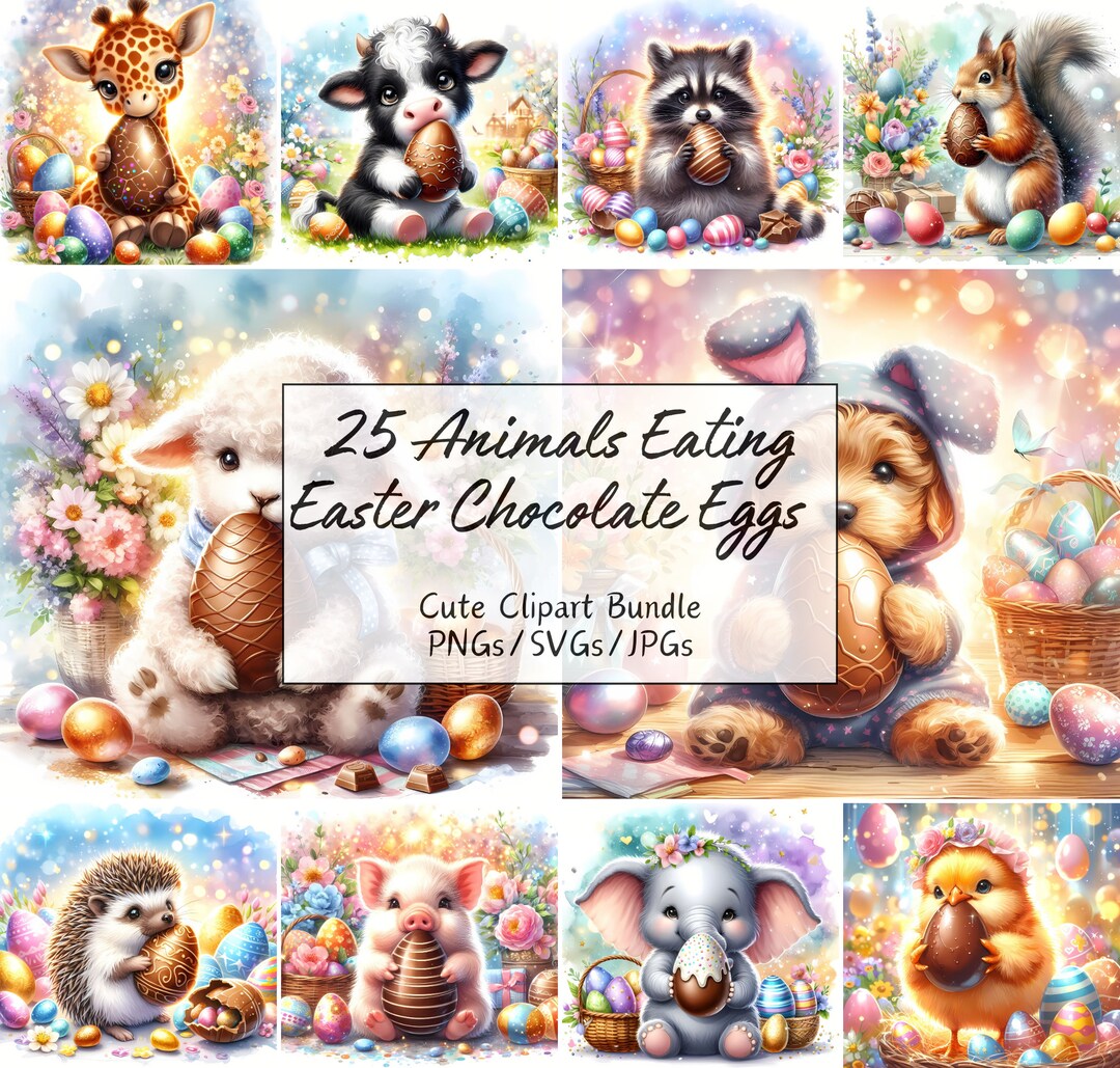 Cute Animals Eating Easter Chocolate Eggs Clipart, Funny Watercolor ...