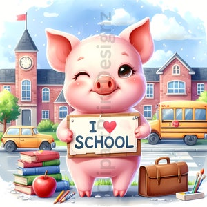 Cute Back to School Pigs Clipart Bundle, Watercolor Pig Clip Art Images ...