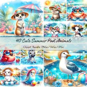 Cute Summer Pool Animals Clipart Bundle, Watercolor Sun Clip Art Images ...