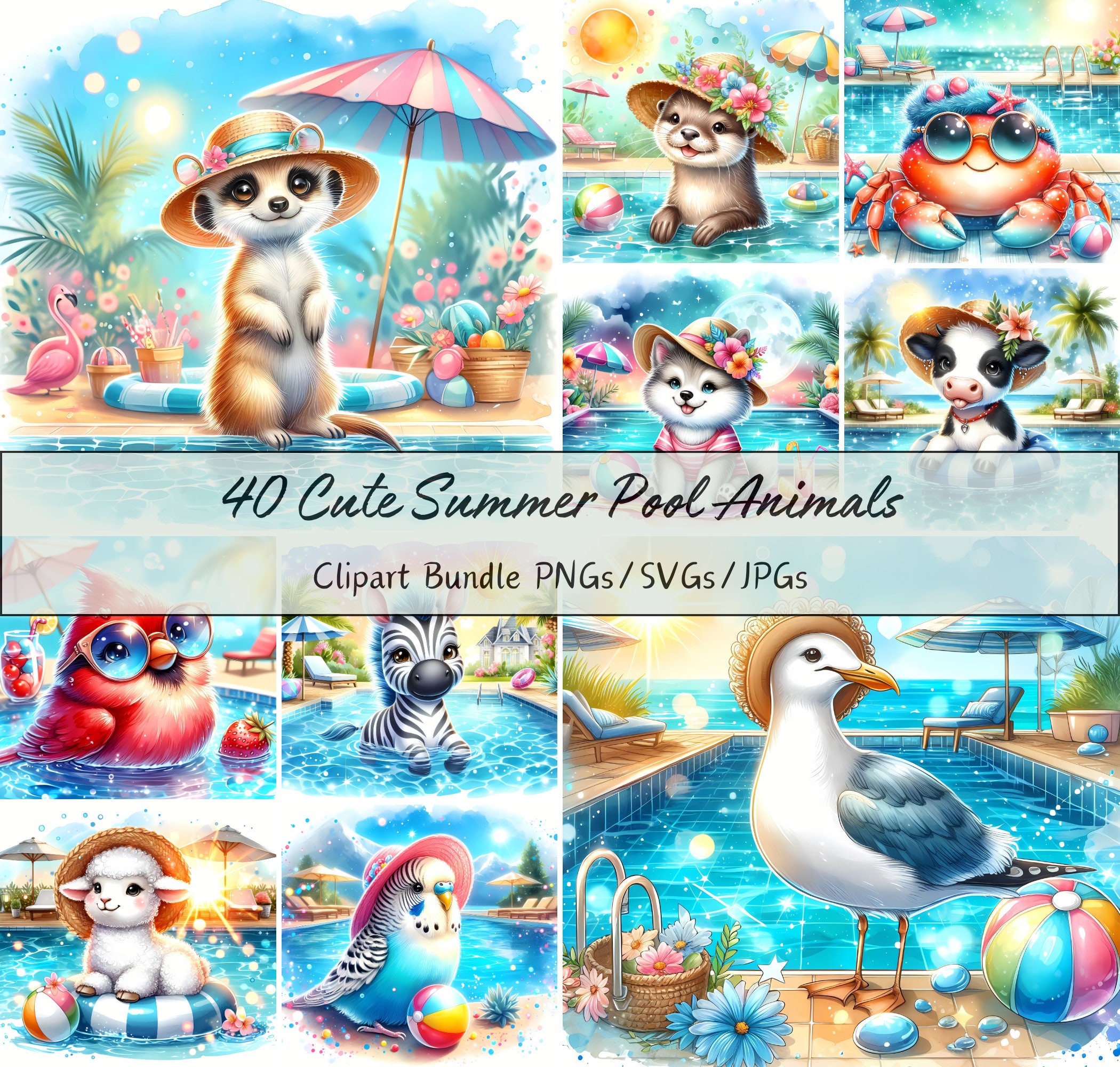 Cute Summer Pool Animals Clipart Bundle, Watercolor Sun Clip Art Images ...