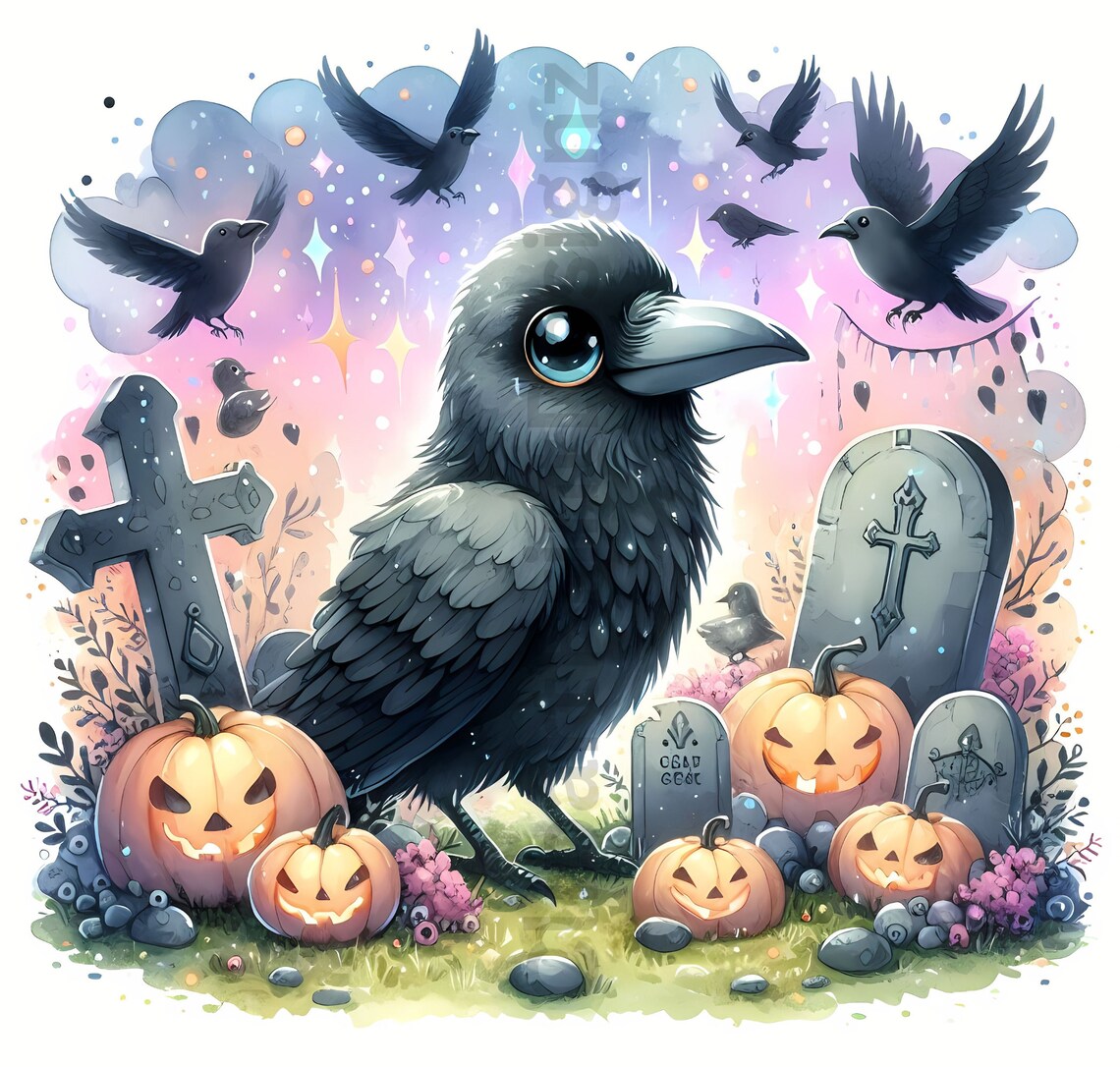 Cute Halloween Ravens Clipart Bundle, Watercolor Raven Clip Art Images ...