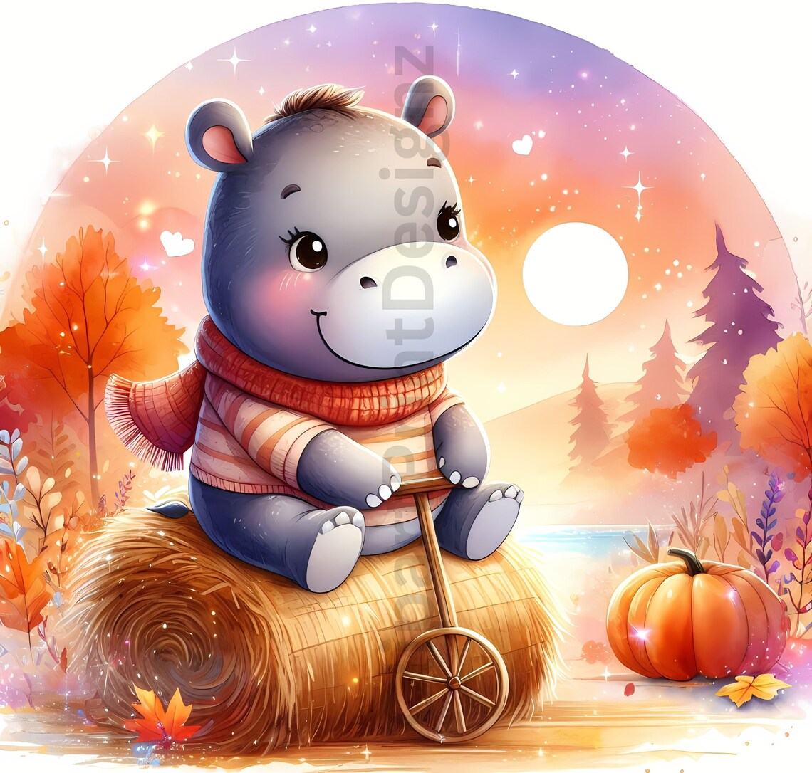 Cute Fall Hippopotamuses Clipart Bundle, Watercolor Hippos Clip Art ...