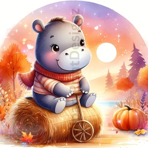 Cute Fall Hippopotamuses Clipart Bundle, Watercolor Hippos Clip Art ...