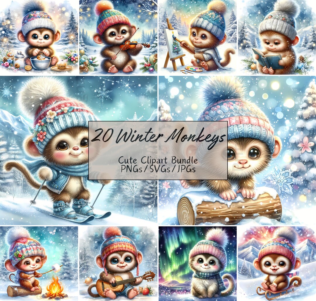 Cute Winter Monkey Clipart Bundle, Festive Watercolor Clip Art Images ...