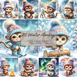 Cute Winter Monkey Clipart Bundle, Festive Watercolor Clip Art Images ...