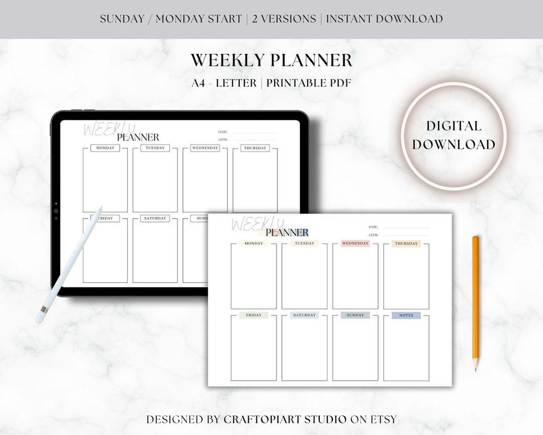 Weekly Planner Printable Landscape | Weekly Organizer | Minimalist ...