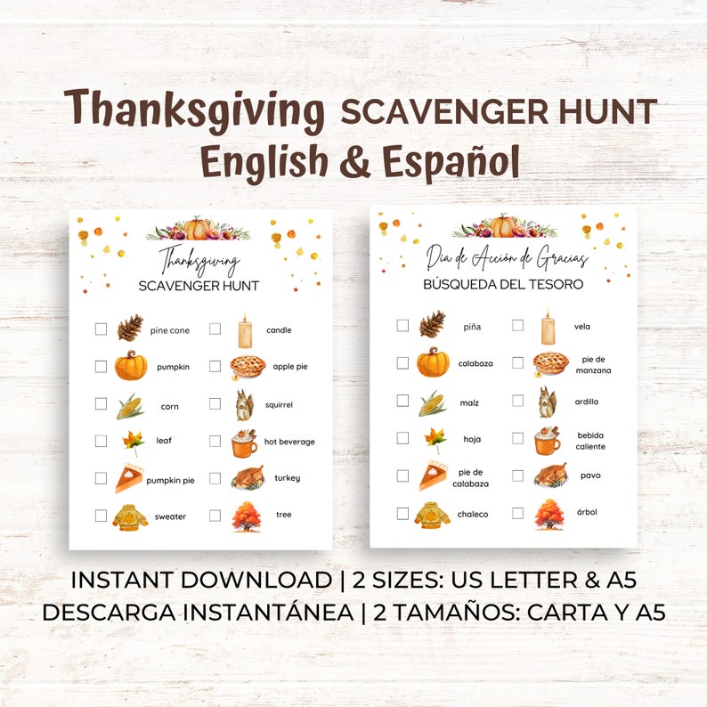 Spanish & English Thanksgiving Scavenger Hunt, Búsqueda Del Tesoro Día ...