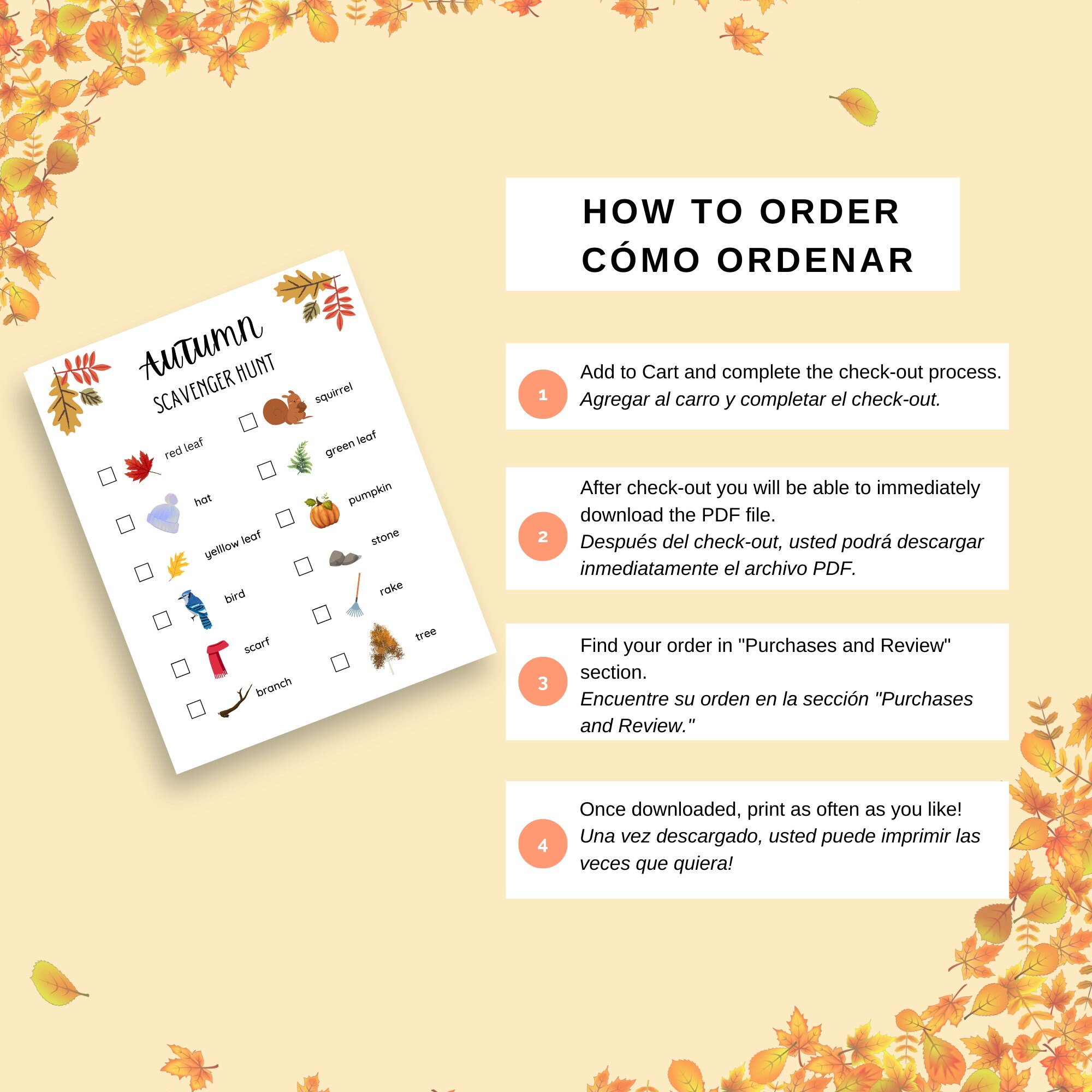 Spanish & English Autumn Scavenger Hunt, Búsqueda Del Tesoro De Otoño ...