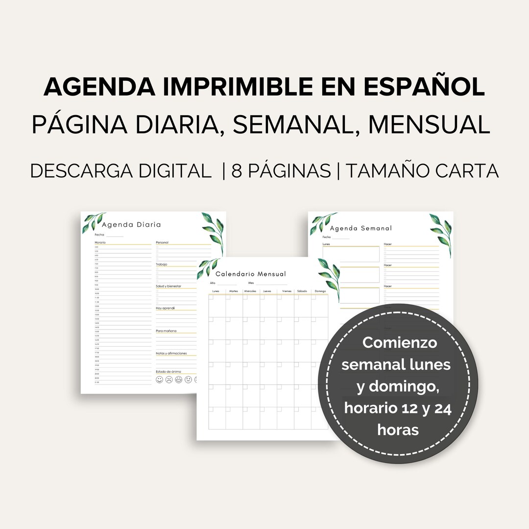Agenda Imprimible Español | Planificador Diario, Semanal Y Mensual ...
