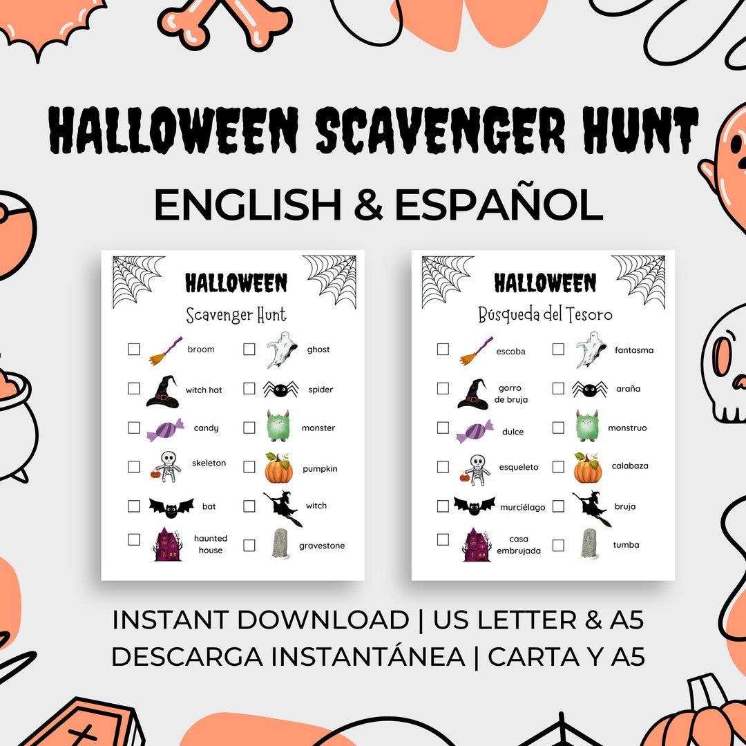 Spanish & English Halloween Scavenger Hunt, Printable, Bilingual ...